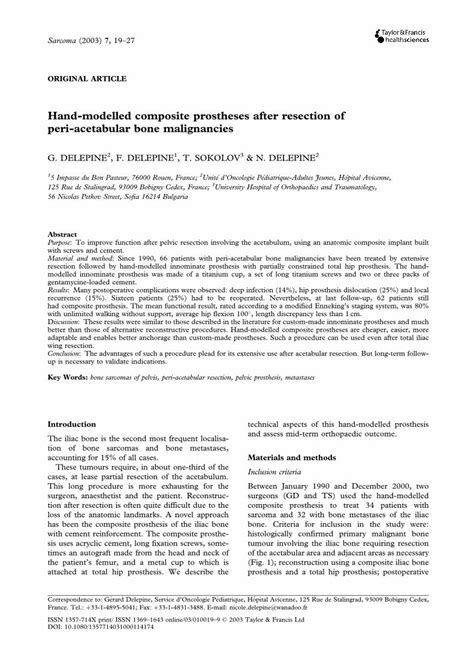 Pdf Hand Modelledcompositeprosthesesafterresectionof Peri Acetabularbonemalignancies · 2019 8