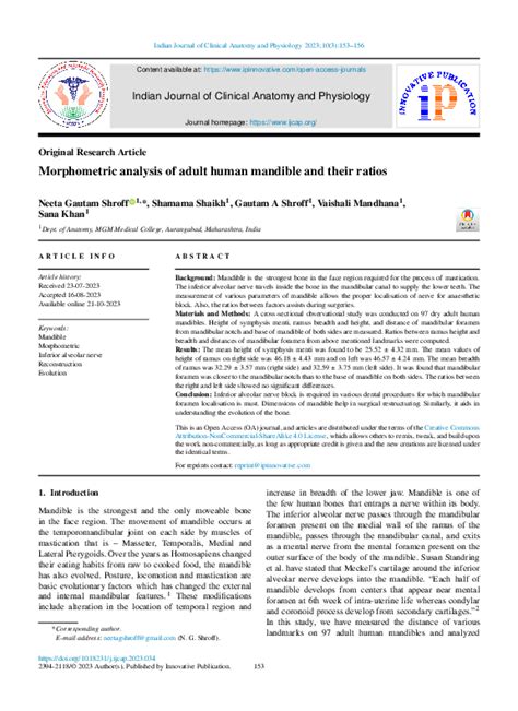 Pdf Morphometric Analysis Of Adult Human Mandible And Their Ratios