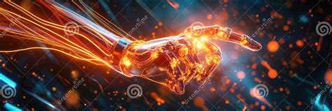 An Abstract Representation Shows A Neural Controlled Prosthetic Arm With Glowing Lines Linking