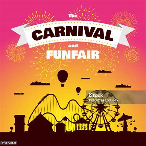 불꽃 놀이 광선과 카니발 Funfair 놀이 공원 회전 목마 롤러 코스터 및 일몰에 관광 명소 재미 있고 공정하고 축제 테마