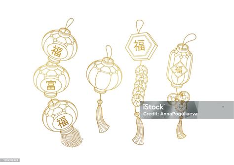 向量設置與金線藝術燈籠在中國風格向量圖形及更多中國新年圖片 中國新年 中國燈籠 線條畫 Istock