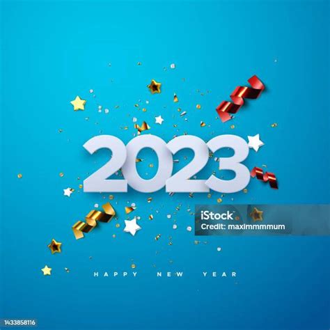 해피 뉴 2023 년 반짝이는 색종이 컷 2023 숫자의 벡터 홀리데이 일러스트 레이 션 황금 별 및 스트리머가 있습니다 색종이