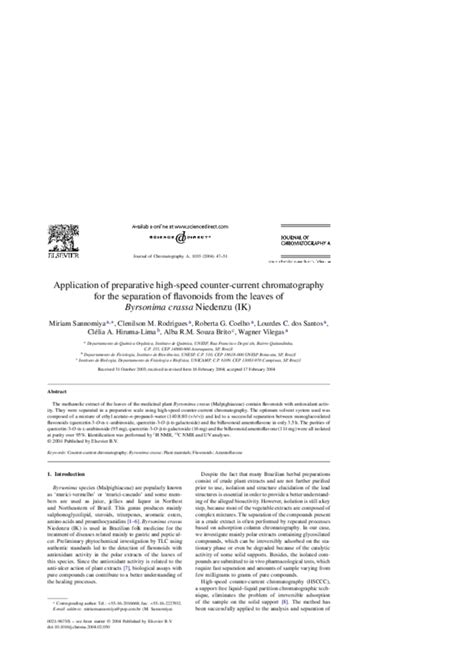 Pdf Application Of Preparative High Speed Counter Current Chromatography For The Separation Of