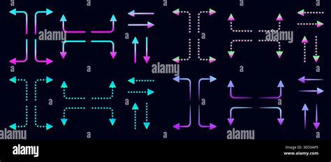 Neon Dotted And Line Arrow Set Various Vector Gradient Luminescent Outline Navigation Signs