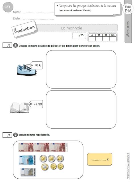 CE1 EVALUATION La Monnaie En CE1 Cycle 2