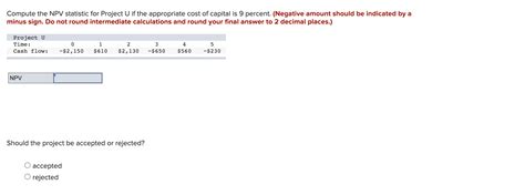 Solved Compute The NPV Statistic For Project U If The Chegg Com