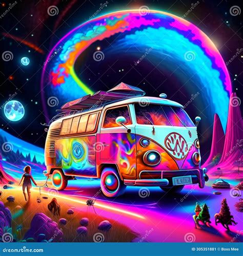 Retro Hippy Camper Van On Night Road Cartoon Vector Illustration