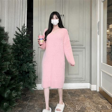 앙고라 브이넥 롱 니트 원피스 에이블리