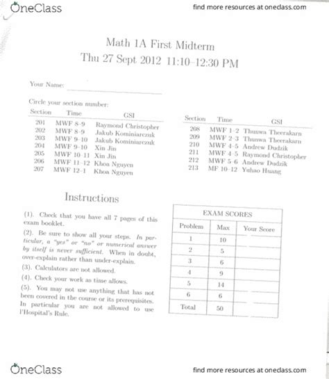 Math 1a Midterm Math1a Fa2012 Mt1 Vojta Exam Oneclass