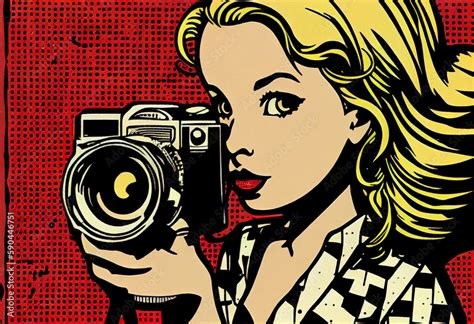 Portrait Von Sexy Pin Up Girl Mit Einer Kamera In Der Hand Im Bunten Pop Art Retro Comic Stil