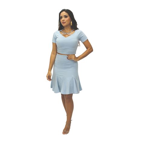 Conjunto Saia Cropped Azul E Rosa Claro Vankoke Moda Feminina