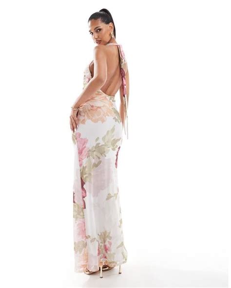 Asos Mesh Twist Halter Maxi Dress With Tie Back Neck And Side Split In
