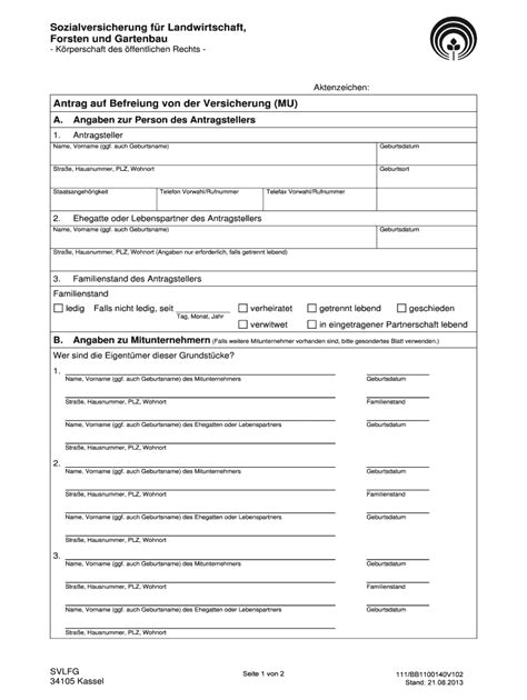 Ausfüllbar Online svlfg Antrag auf Befreiung von der Versicherung MU