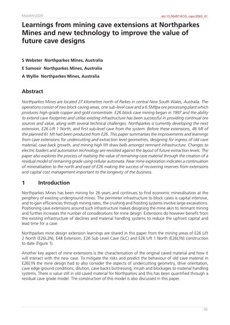 Pdf Learnings From Mining Cave Extensions At Northparkes Mines And