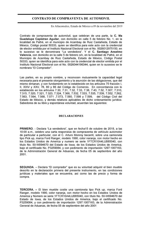 Contrato De Compraventa De Automóvil Atlacomulco Edomex Studocu