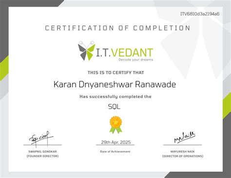 Sql Certification Dataskills Itvedant Continuouslearning Professionalgrowth Techjourney