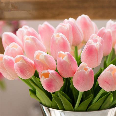 Pink Artificial Tulips Pu Flowers 20 Stems Real Touch Tulip Bouquet For
