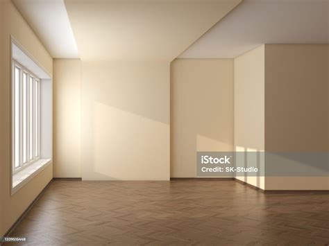 베이지 색 벽 큰 창문 마루 바닥 창에 작업 경로와 갈색 주각빈 방 3d 일러스트레이션 7680x5760 300 Dpi 아파트에
