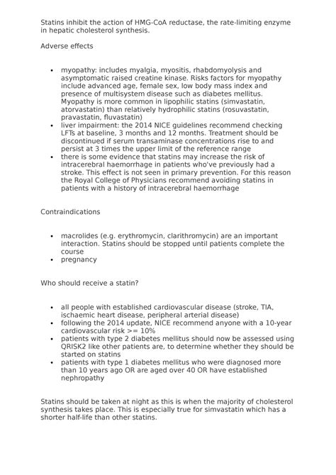 Statins Lecture Notes Statins Inhibit The Action Of Hmg Coa