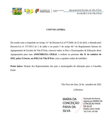 Agrupamento De Escolas De Vila Deste Convocatória Assembleia Geral
