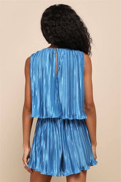 Blue Satin Plisse Romper Blue Sleeveless Romper Satin Romper Lulus