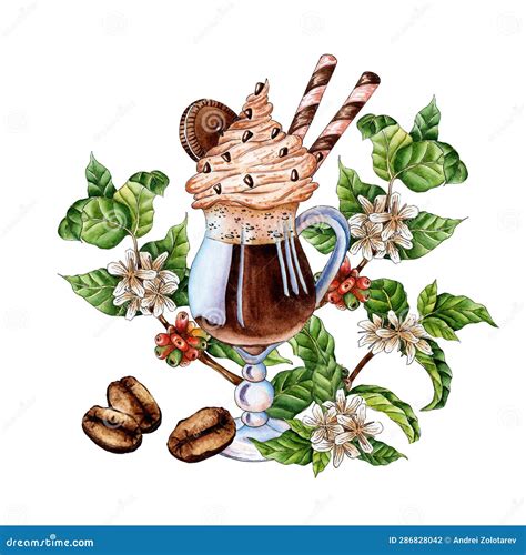 Coffee Cocktail With Twigs And Flowers Of Coffee Watercolor Stock
