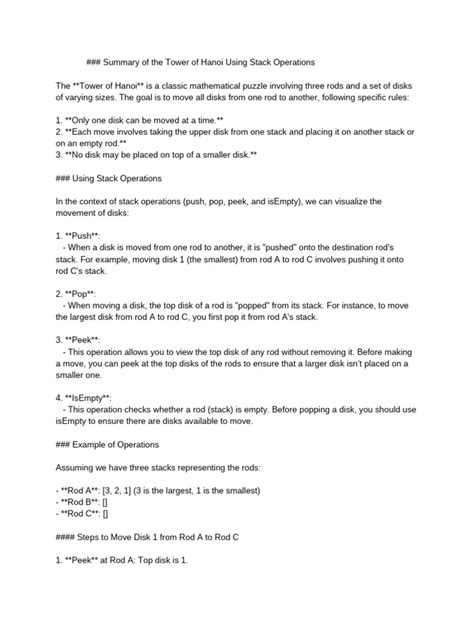 summary of the tower of hanoi using stack operations pdf
