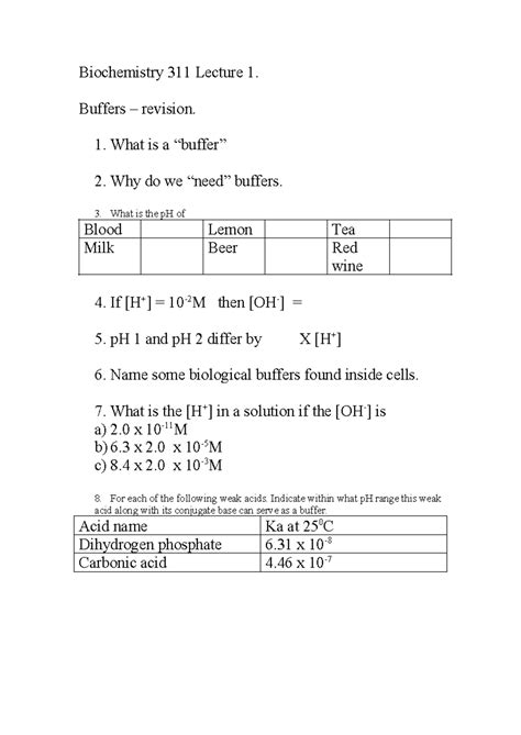 Buffers Questions Biochemistry Lecture Buffers Revision