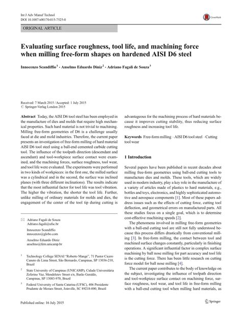 Pdf Evaluating Surface Roughness Tool Life And Machining Force When Milling Free Form Shapes