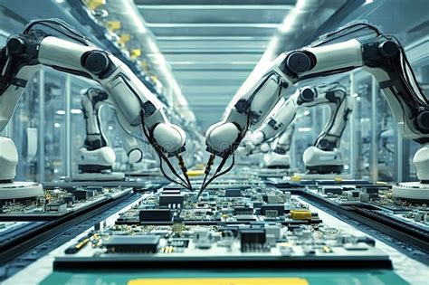 Robotic Arms Manufacturing And Assembling Circuit Boards In A Factory