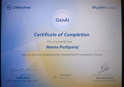 neena roshini on linkedin thanks to shoshin school for providing the foundation course on genai