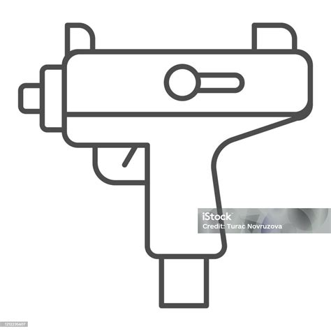 Uzi 衝鋒槍薄線圖示自動機器武器符號白色背景輪廓樣式象形圖用於移動概念和網頁設計的戰爭或軍事標誌向量圖形向量圖形及更多9mm 手槍圖片