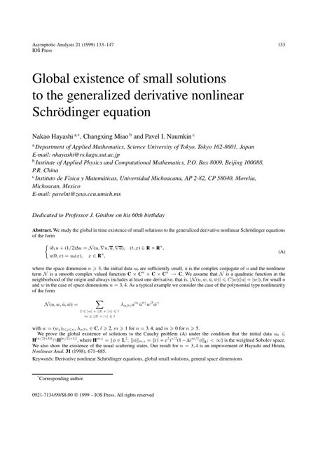 Pdf Global Existence Of Small Solutions To The Generalized Derivative Nonlinear Schrödinger