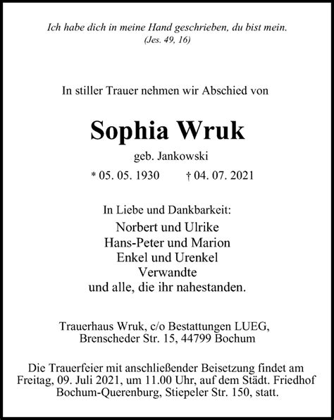 Traueranzeigen Von Sophia Wruk Trauer In NRW De