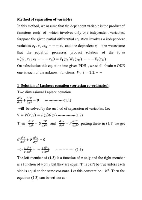 Laplace Equation Solution Method Of Separation Of Variables In This Method We Assume That The