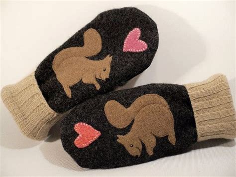 Wool Mittens Squirrel Appliqued Mittens Dark Grey By Formydarling