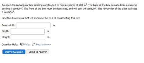 Solved An Open Top Rectangular Box Is Being Constructed To