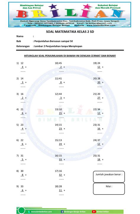 50 Soal Penjumlahan Bersusun Kelas 2 SD Tanpa Menyimpan Bimbel Brilian