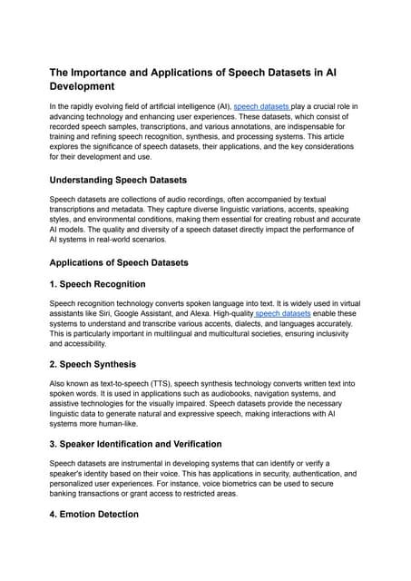 The Importance And Applications Of Speech Datasets In Ai Development Pdf