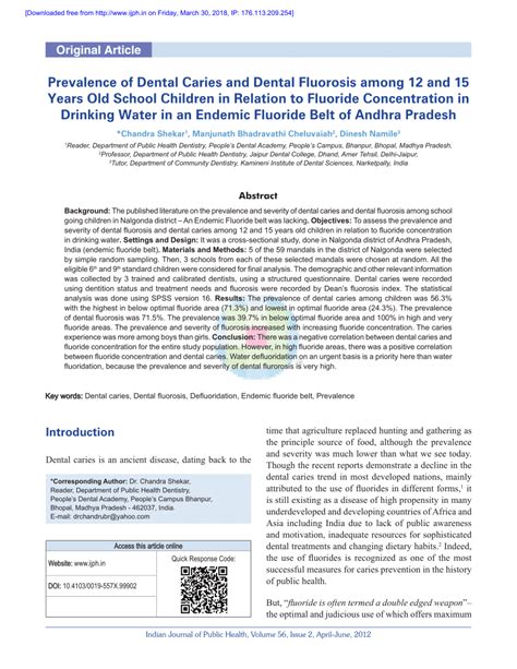Pdf Prevalence Of Dental Caries And Dental Fluorosis Among 12 And 15