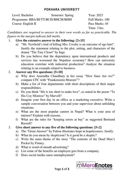 Bba Bba Bi Bba It Bcis Bhcm Bhm Pu English Ii Question Paper 2024 Mero Enotes