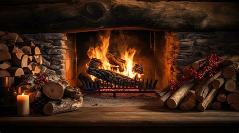 Cozy Fireplace Burning Logs Warm Colors And Holiday Decorations