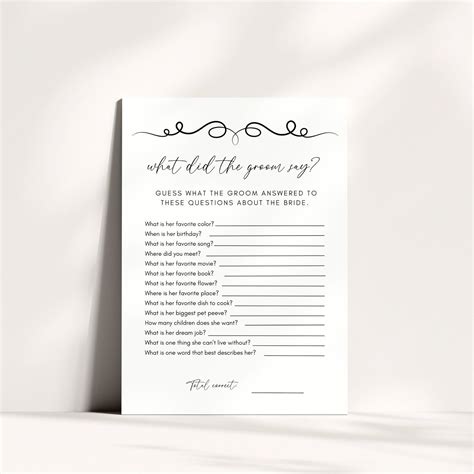 Printed What Did The Groom Say Game Black And White Bridal Shower Game