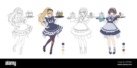 Anime Girls Working In Maid Cafe Coloring Book Vector Characters