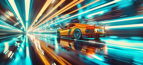 Yellow Sports Car Cruising Through A Dazzling Light Tunnel Stock Image