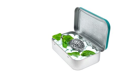 호흡 민트와 주석 상자 인간의 뇌의 상세한 사본과 내부에 일부 녹색 민트 잎 텍스트 Fresh 아이디어는 뚜껑에 엠보싱됩니다