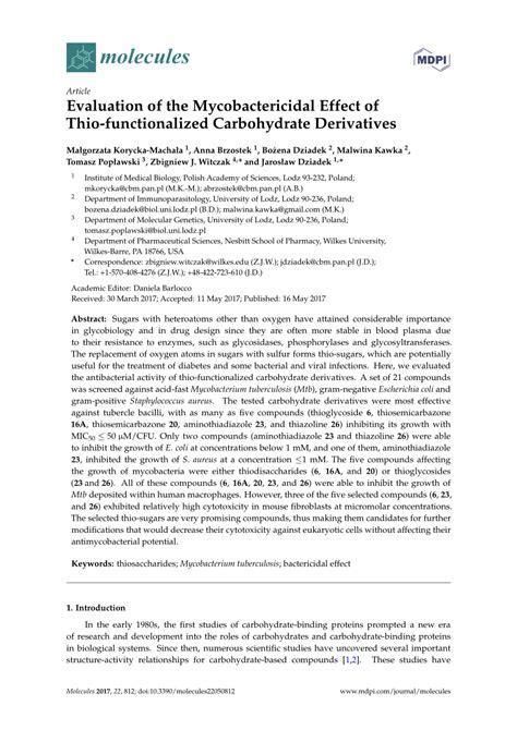Pdf Evaluation Of The Mycobactericidal Effect Of Thio Functionalized
