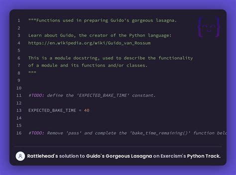 Rattlehead S Solution For Guido S Gorgeous Lasagna In Python On Exercism