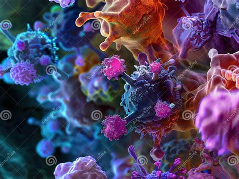 a colorful array of cells and structures interacting in a microscopic view stock image image
