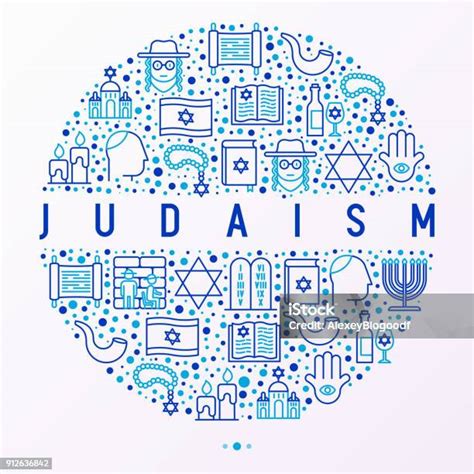 猶太教概念在圈子與細線圖示 正統猶太人 大衛的星 Sufganiyot 哈姆薩 蠟燭 猶太教會堂 黃芩 念珠 西部的沃爾瑪 塔納赫向量插圖